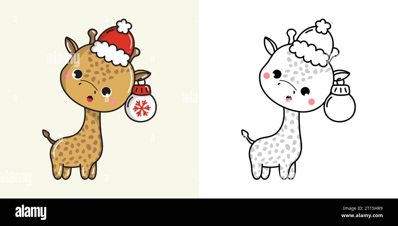 Cute Christmas Giraffe Clipart Illustration and Black and White. Funny ...