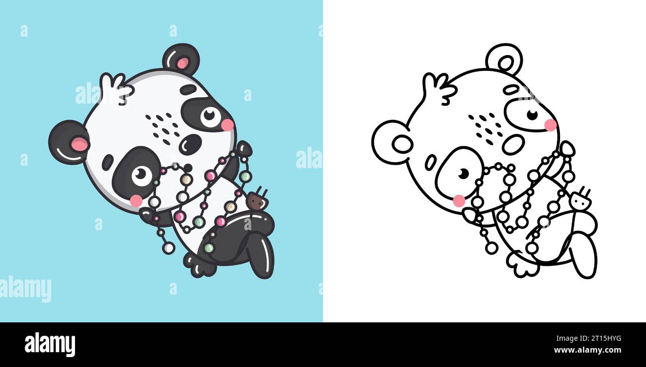Cute Christmas Panda Illustration and For Coloring Page. Cartoon ...