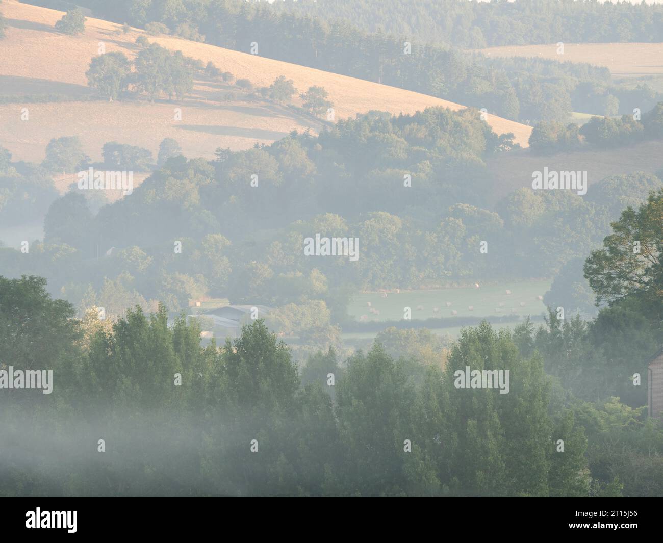 Morning mist hanging over the Clun Valley in South Shropshire, England ...