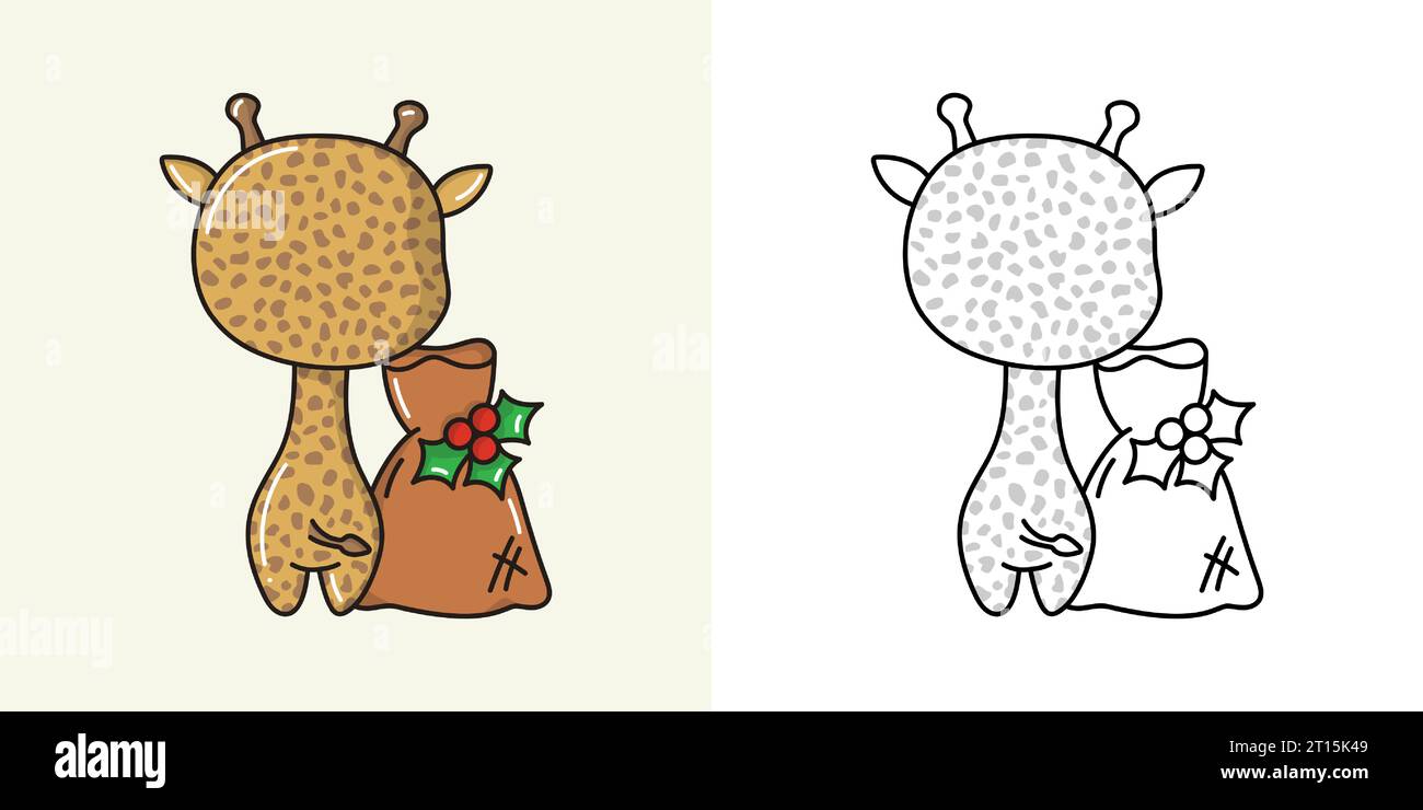 New Year Kawaii Giraffe for Coloring Page and Illustration. Adorable ...