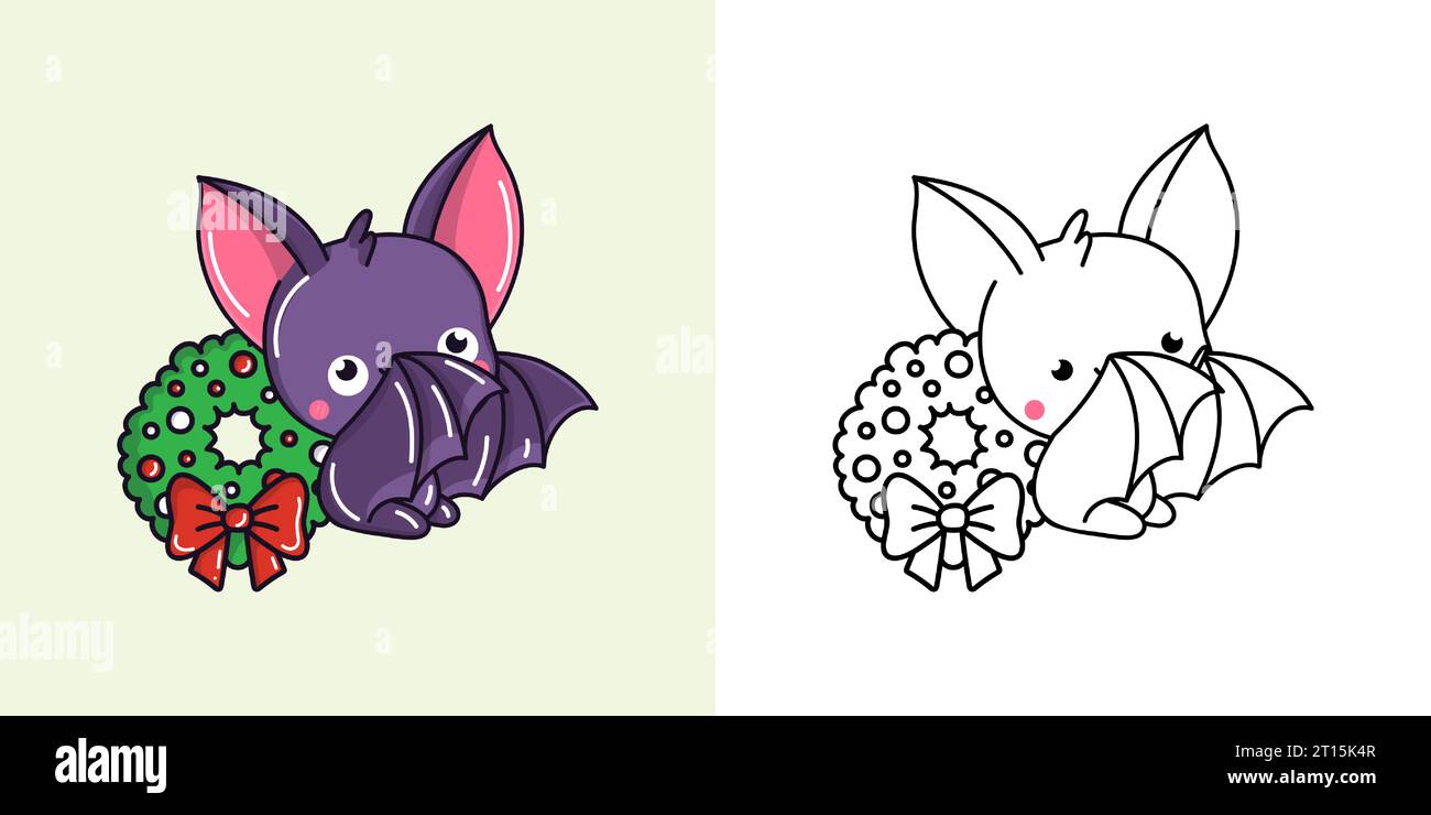 Set Clipart Christmas Bat Coloring Page and Colored Illustration ...