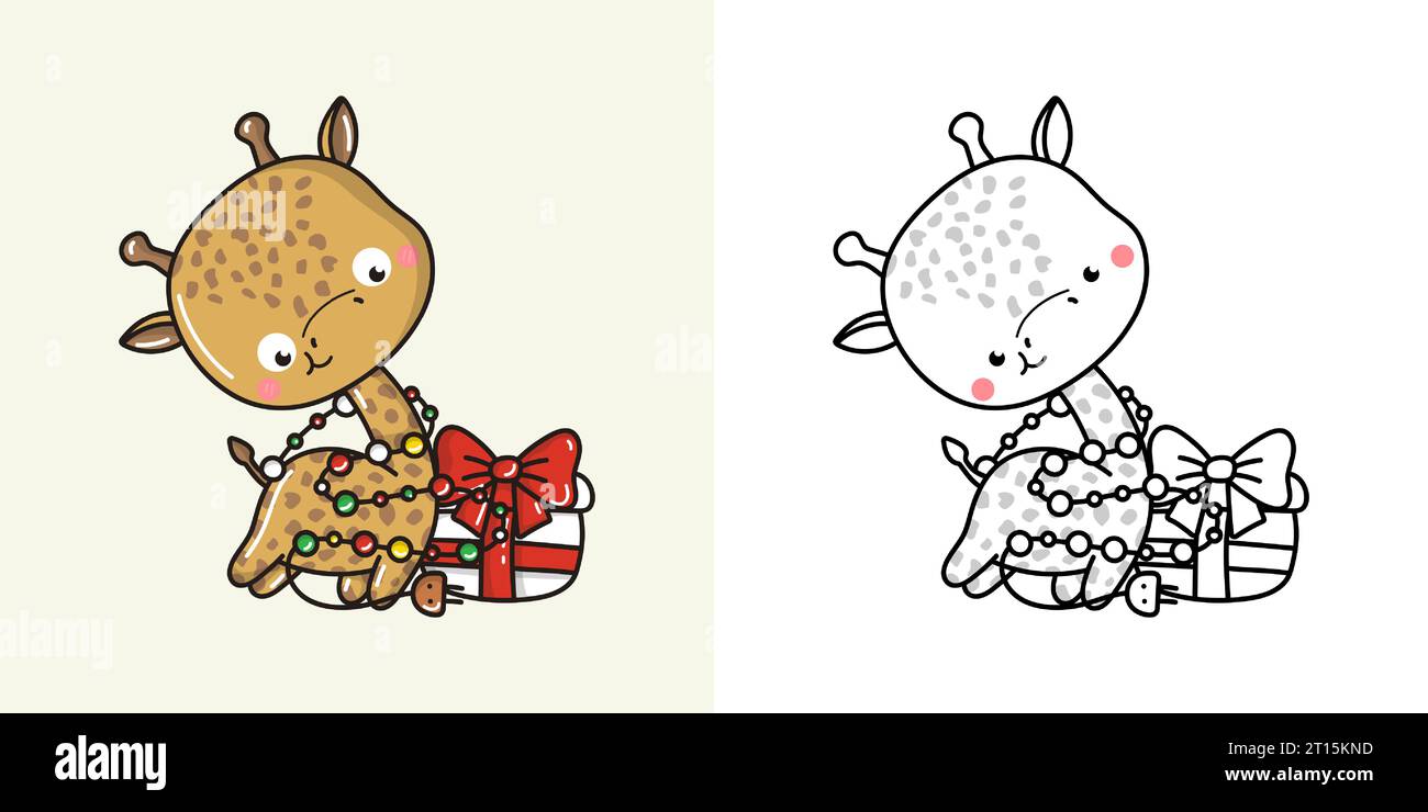 Cute Vector Xmas Giraffe for Coloring Page and Illustration. Happy Clip ...