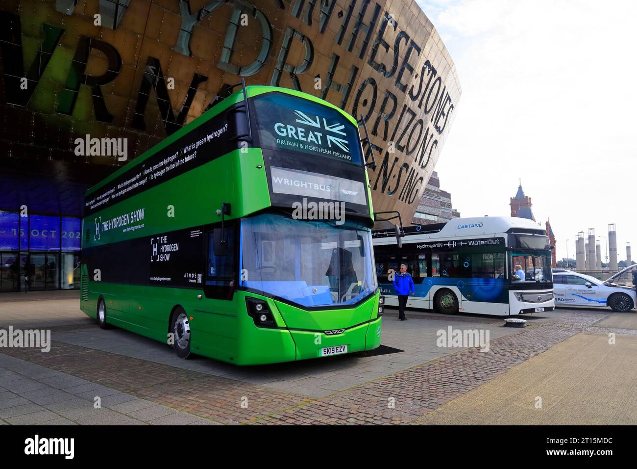 Double decker green Wright Bus at an event for promoting Hydrogen ...