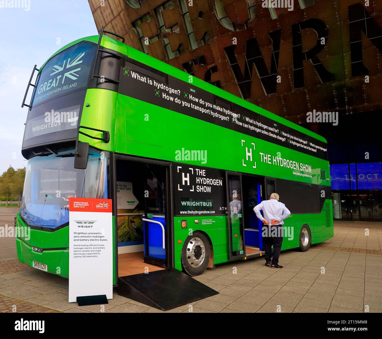 Double decker green Wright Bus at an event for promoting Hydrogen ...
