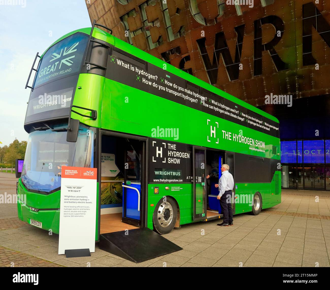 Double decker green Wright Bus at an event for promoting Hydrogen ...