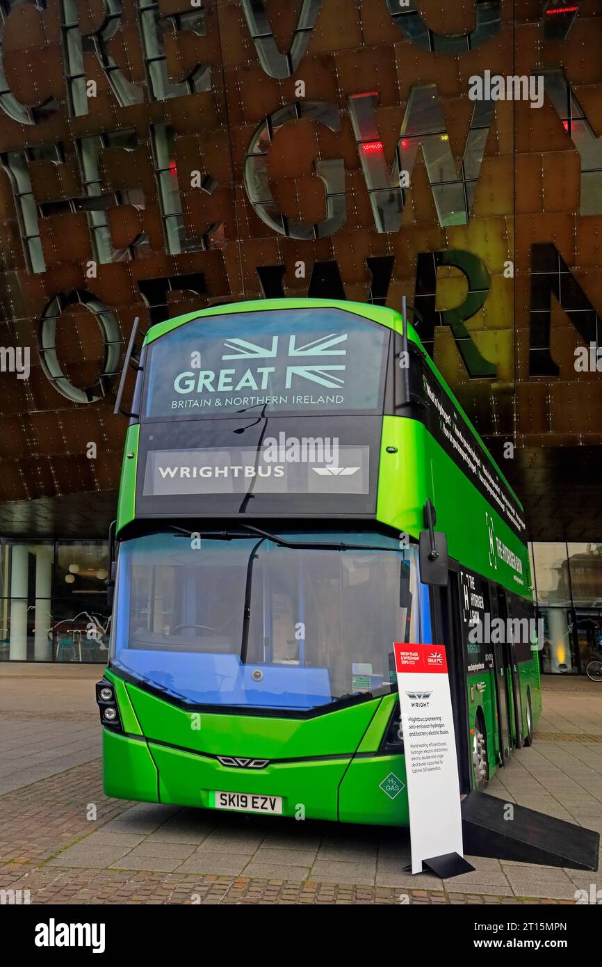 Double decker green Wright Bus at an event for promoting Hydrogen ...