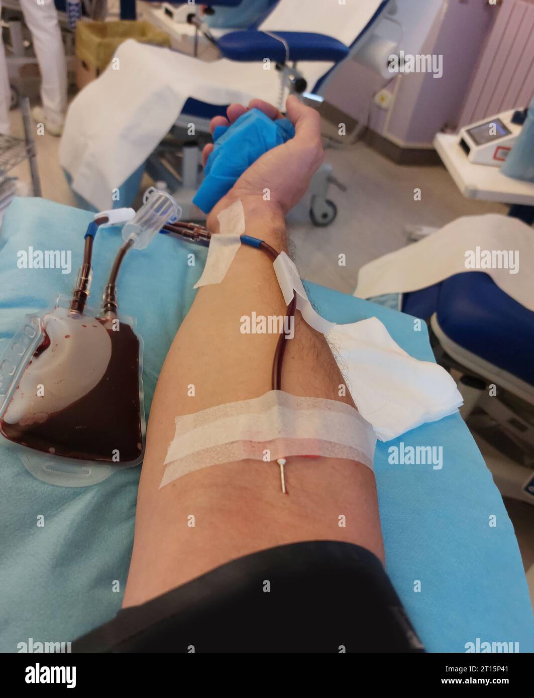arm of young blood donor during blood transfusion for collection of ...