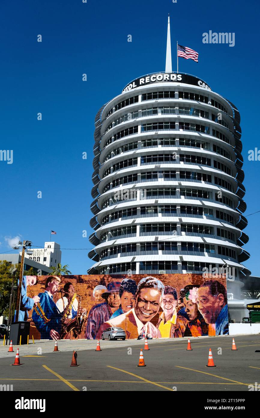 The Capital Records building in Hollywood with Mural in front Stock ...