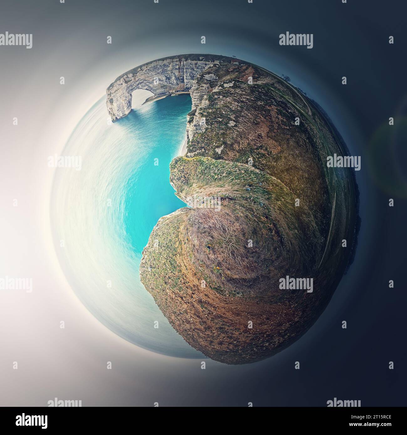 Sightseeing panoramic view to the Porte d'Aval arch cliff as a micro ...