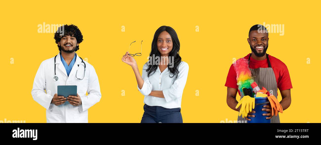 People from multiple professions posing over yellow background Stock ...
