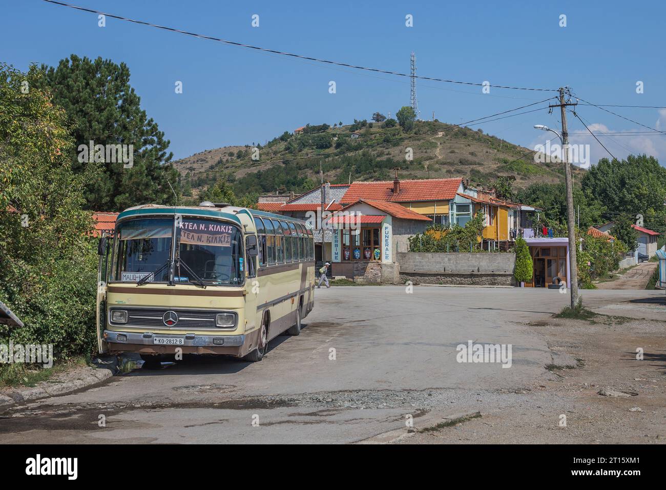 29.08.2018. Albania, Maliq. This is the terminus where Mercedes O302 have some break before ...
