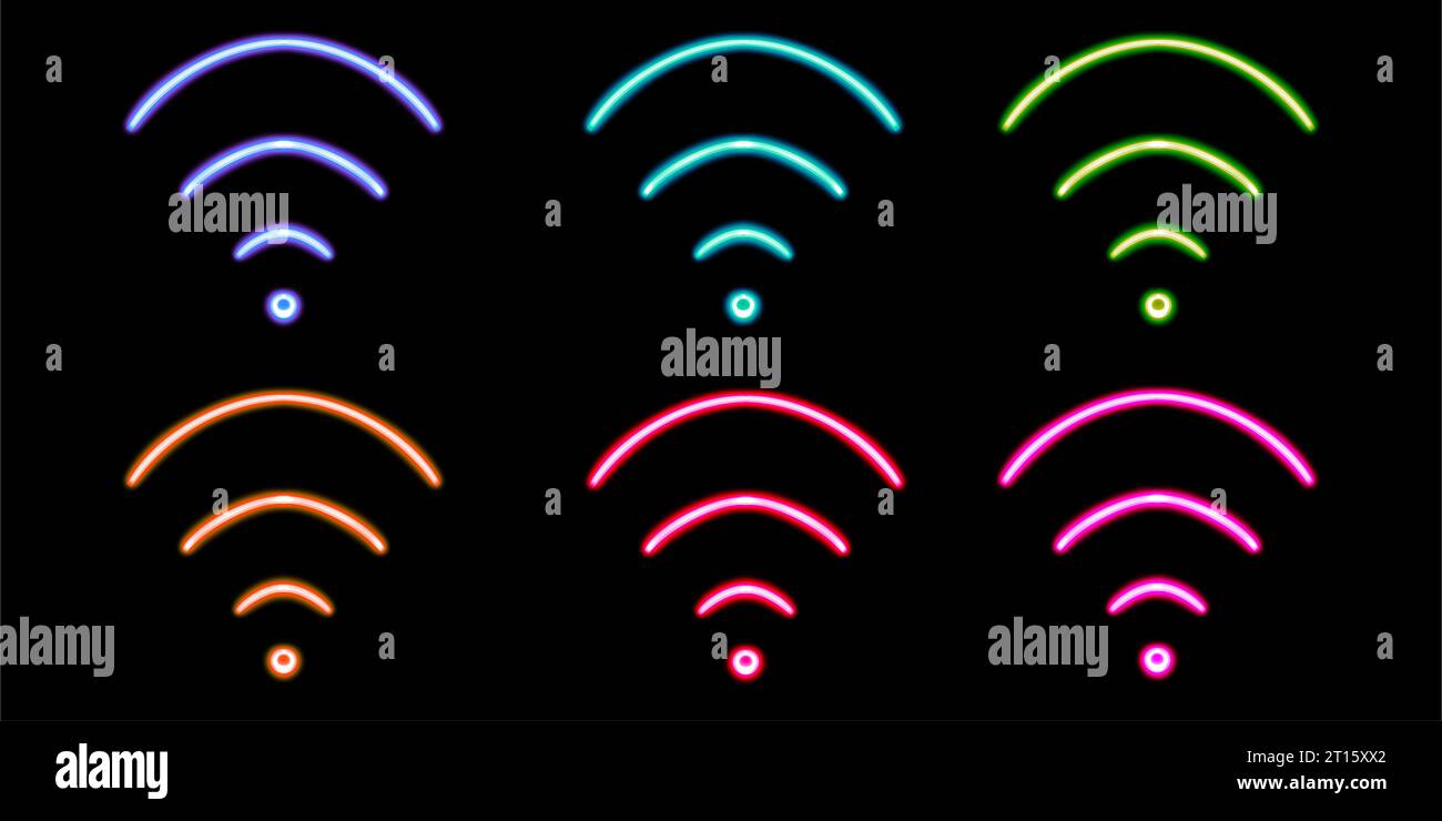 set communication glowing desktop icon, neon wi-fi sticker, neon ...