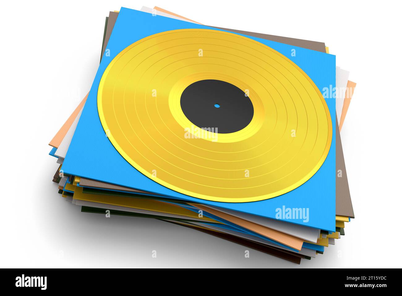 Black vinyl LP record with heap of covers isolated on white background ...