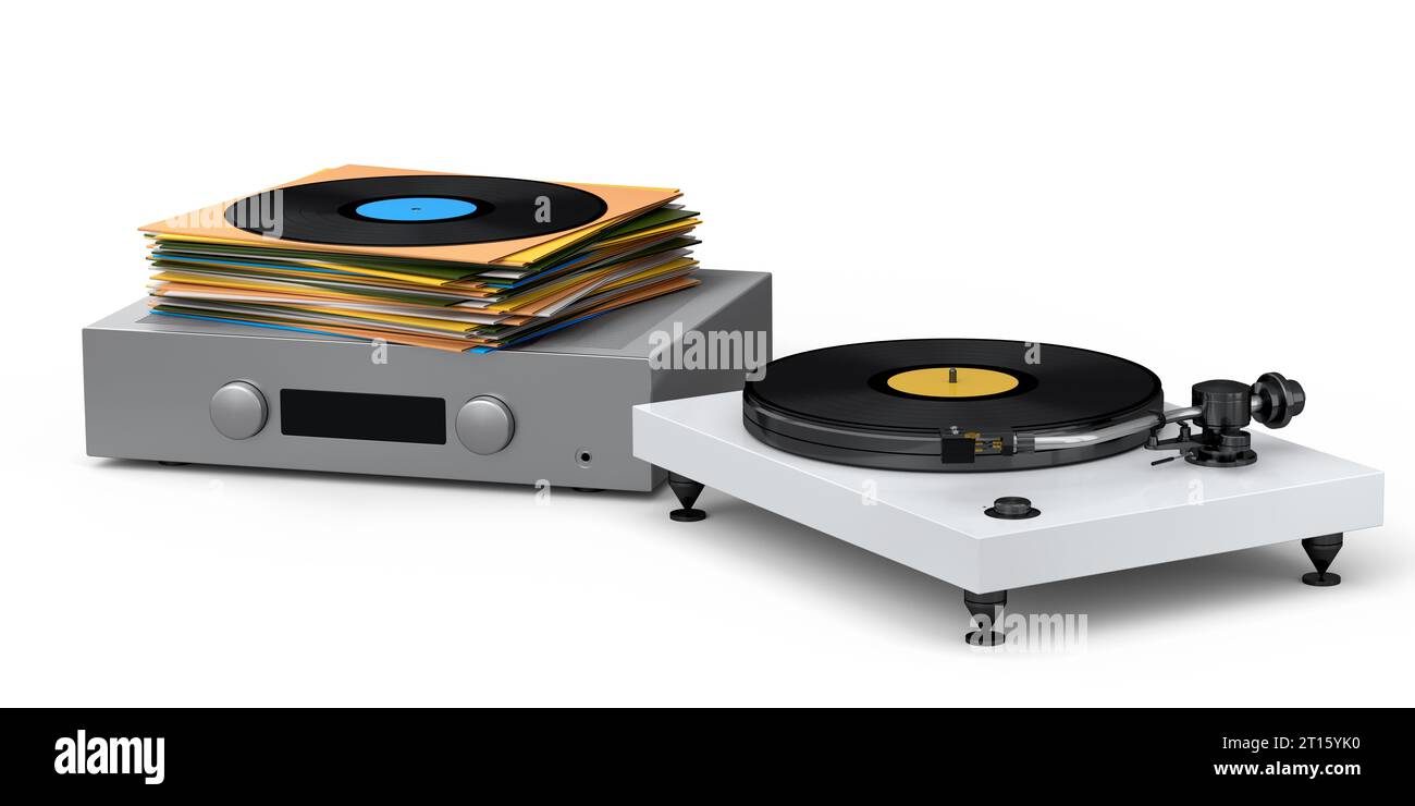 HiFi system with turntable and amplifier for home theater on white ...
