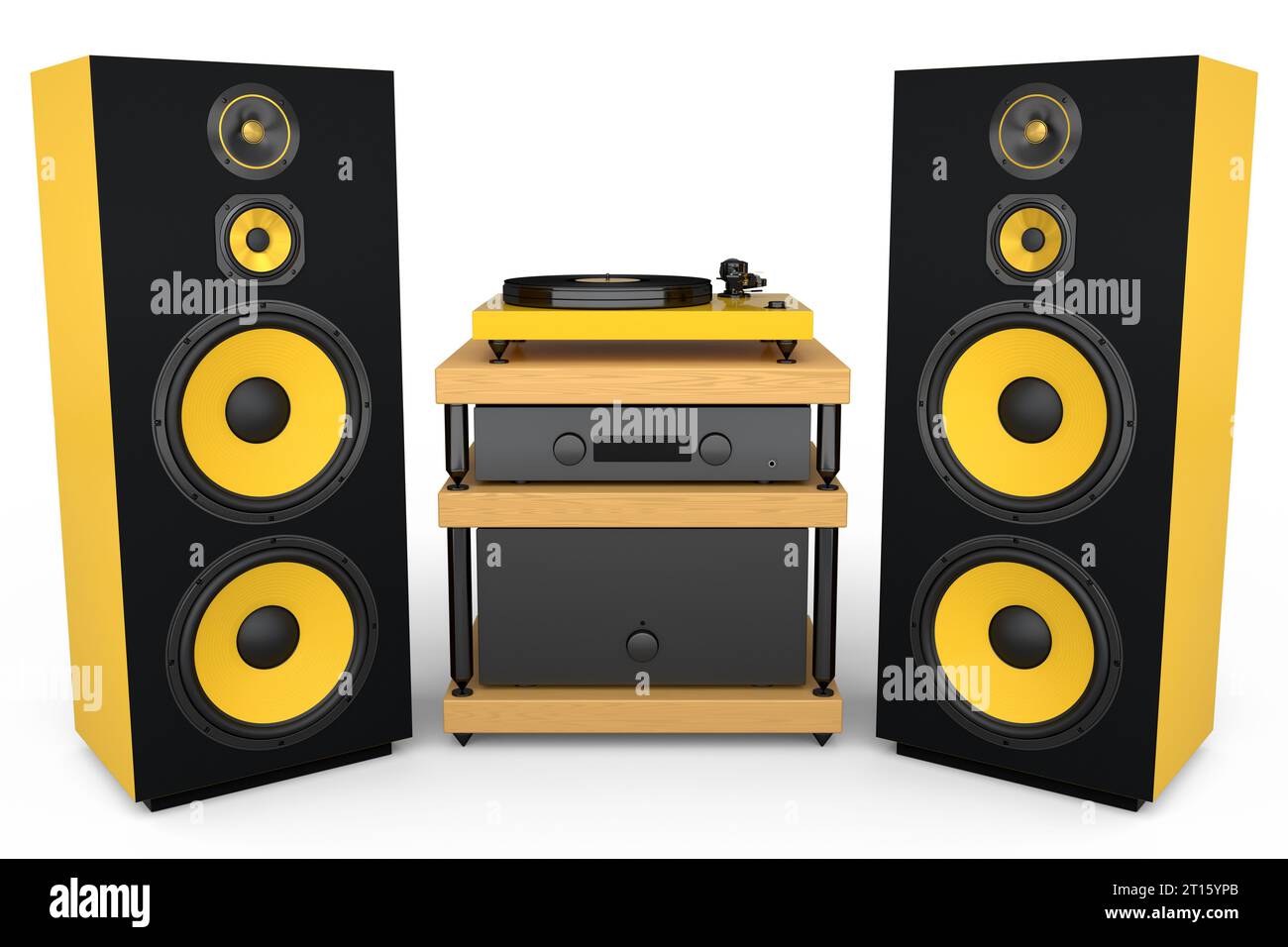 Set of Hi-fi speakers with loudspeakers and DJ turntable on white ...