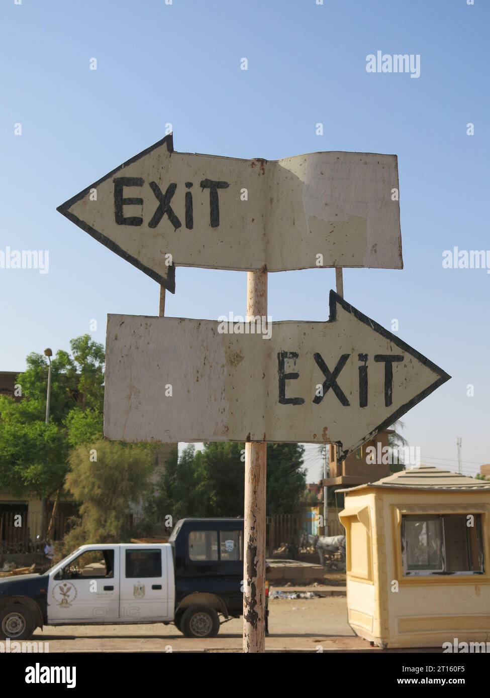 A confusing road sign at an Egyptian tourist site with exit signs ...
