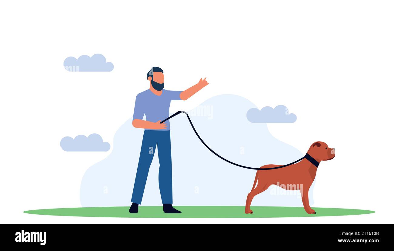 Man walking in park with dog vector illustration. Outdoor cartoon ...