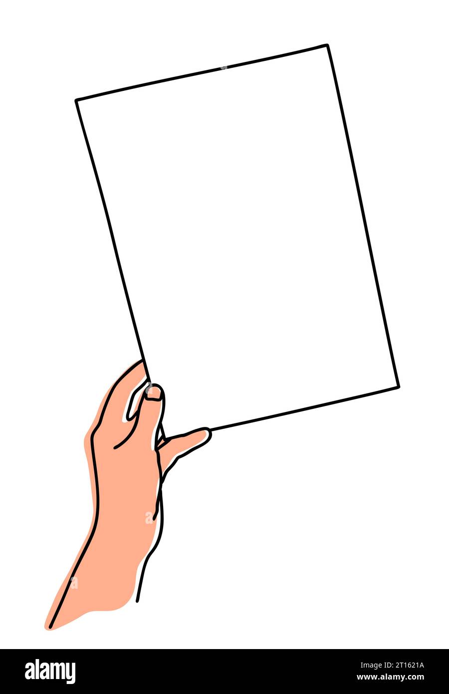 Hand holding A4 paper sheet hand drawn with thin line. Presenting ...