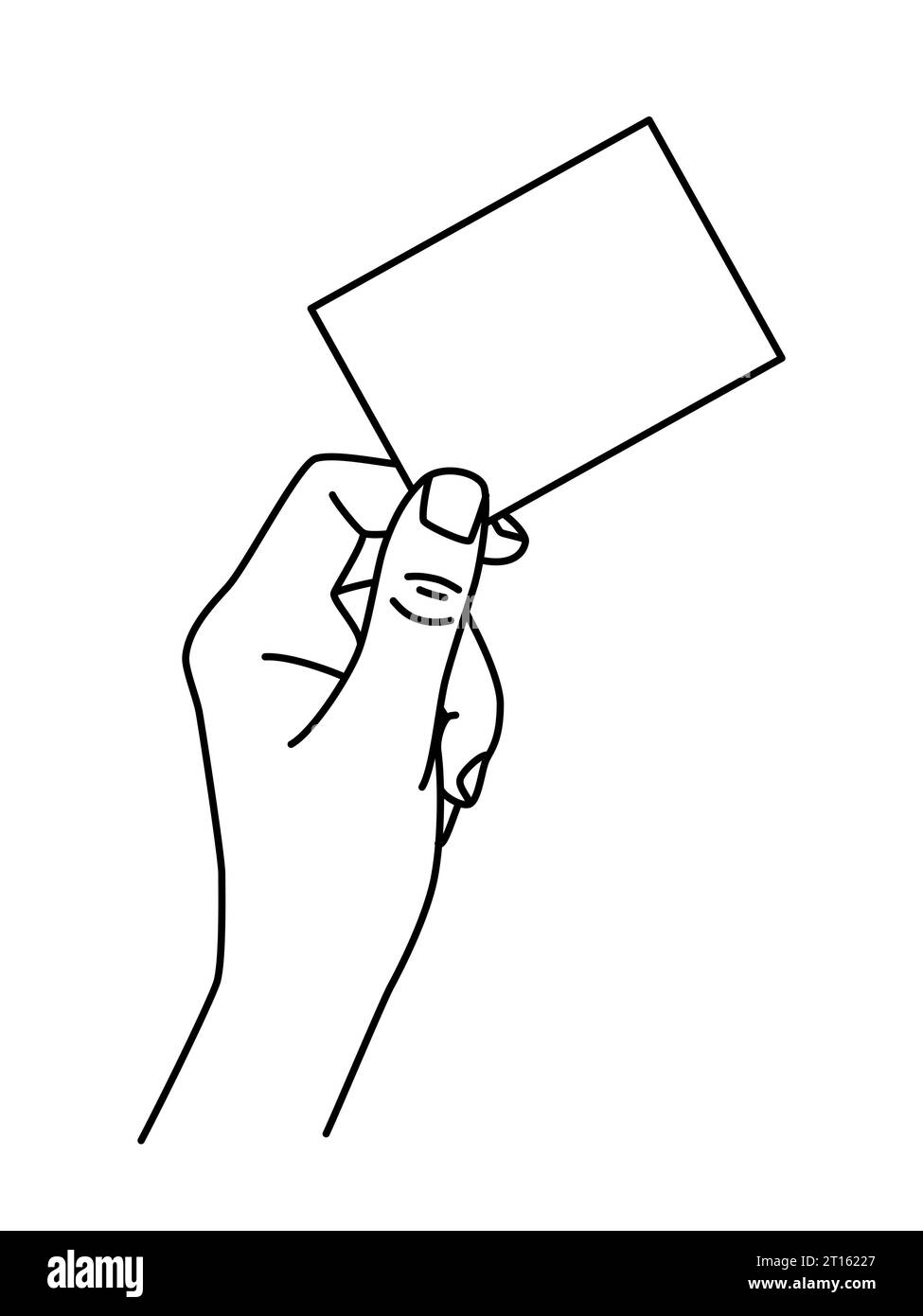 Hand holding a business card, hand drawn with thin line. Presenting ...