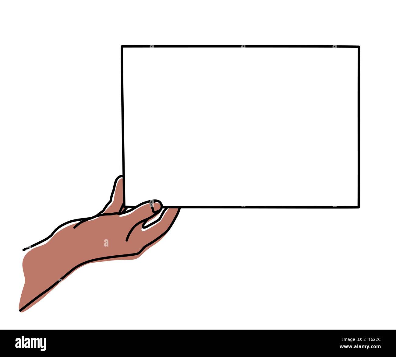Hand holding A4 paper sheet hand drawn with thin line. Presenting ...