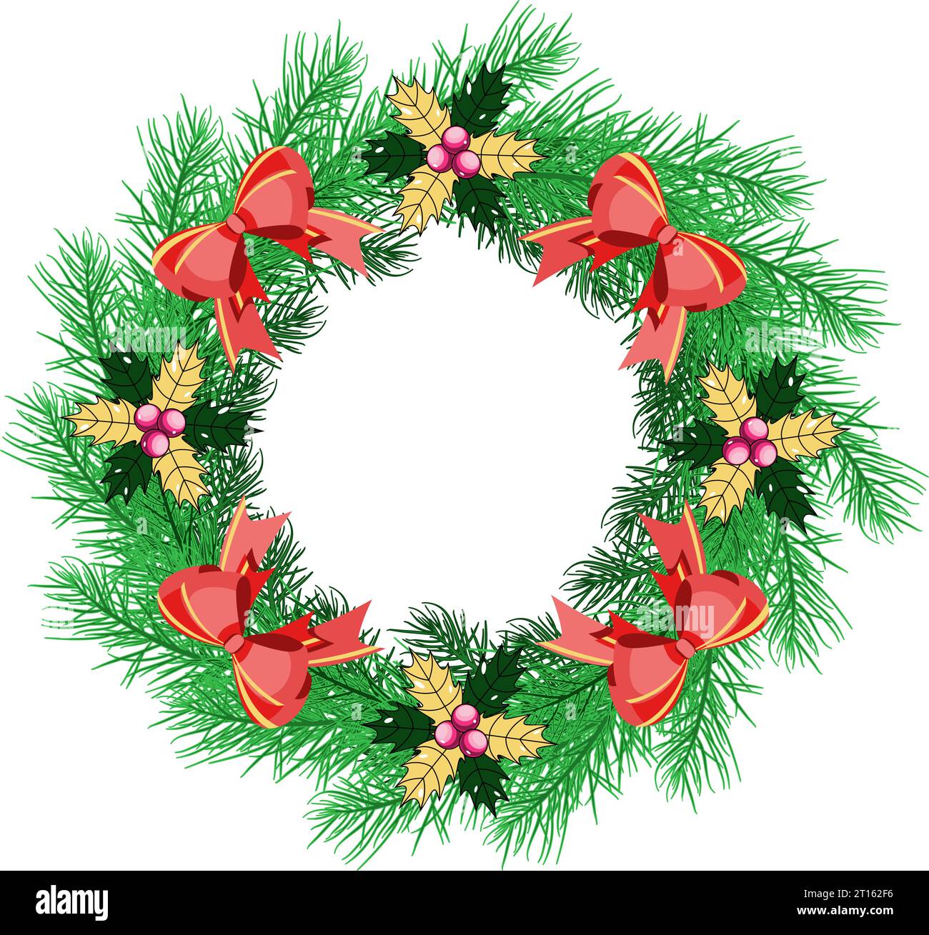 Christmas wreath with fir branches, holly berry and red bow. Vector ...
