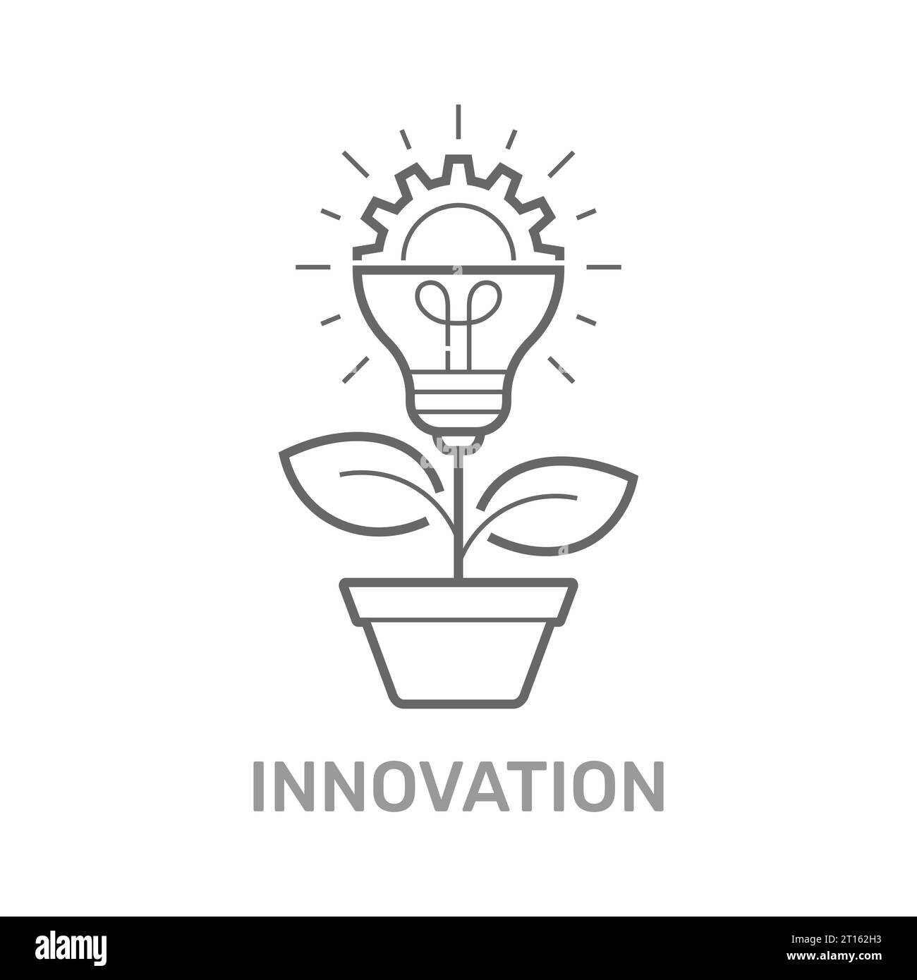 Vector creative concept in line style - light bulb with gear wheel growing from the flower pot ...