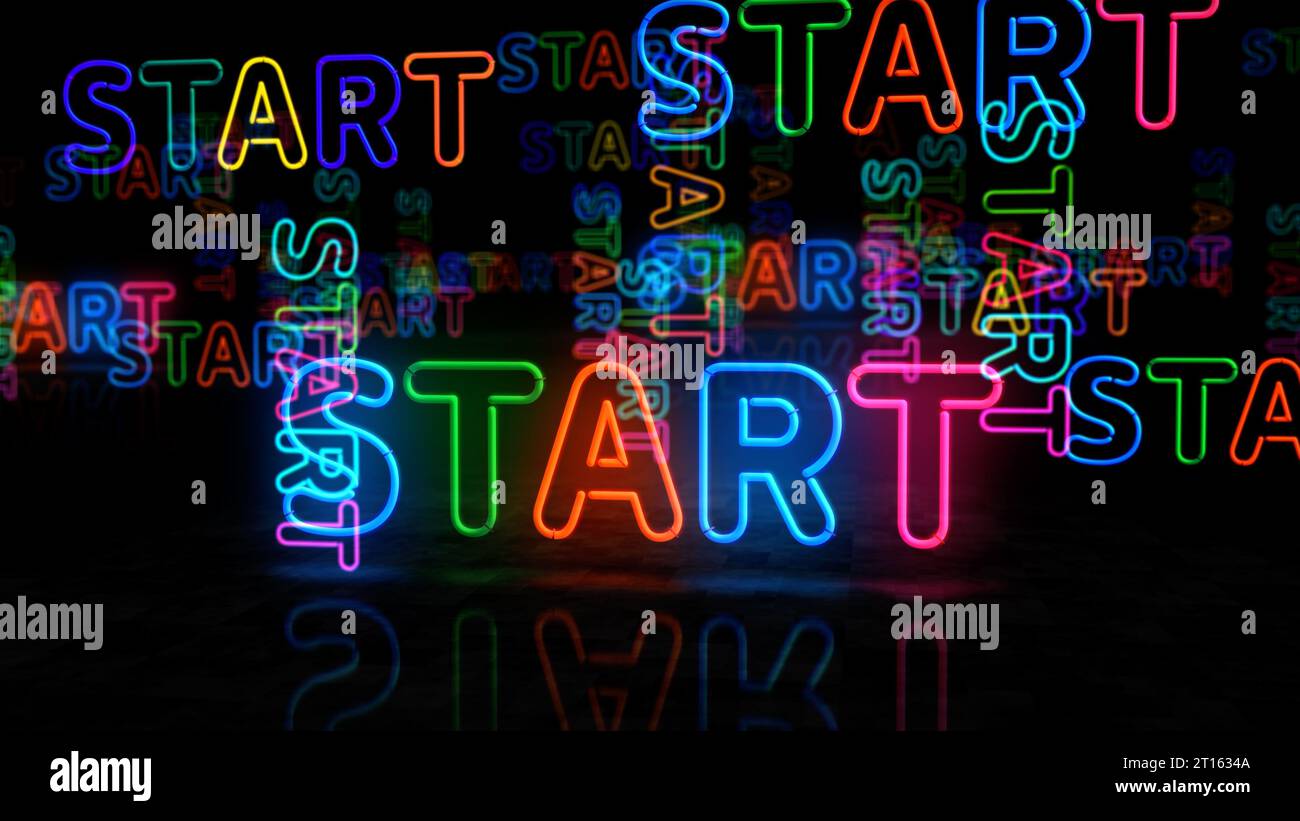 Start neon symbol. Business game begin success light color bulbs ...