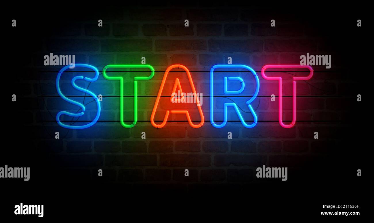 Start neon symbol. Business game begin success light color bulbs ...