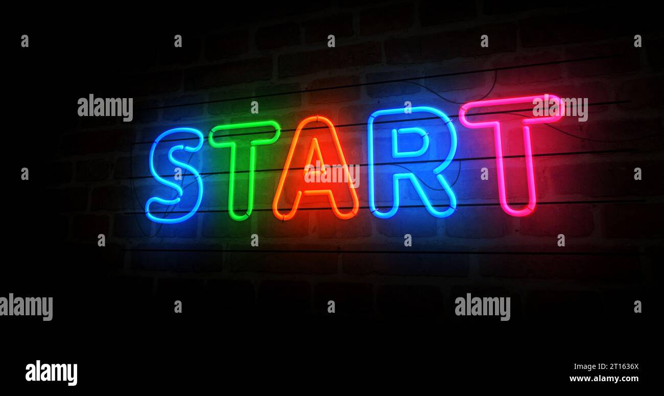 Start neon symbol. Business game begin success light color bulbs ...