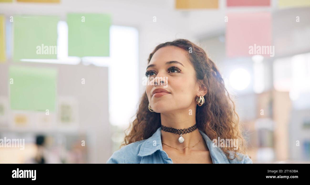 Sticky note, board or face of woman planning project development ...