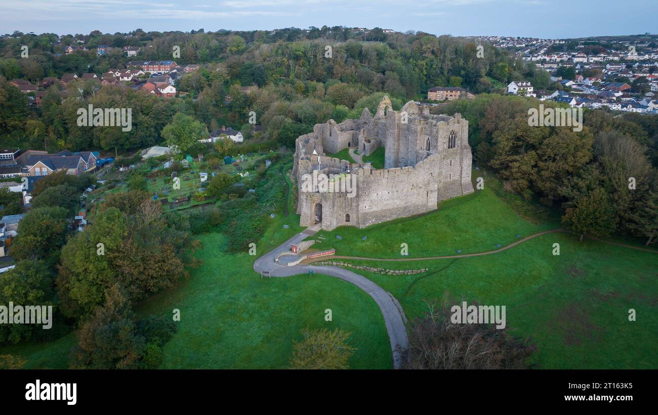 Oystermouth Castle from the air, a Norman stone castle in South Wales ...