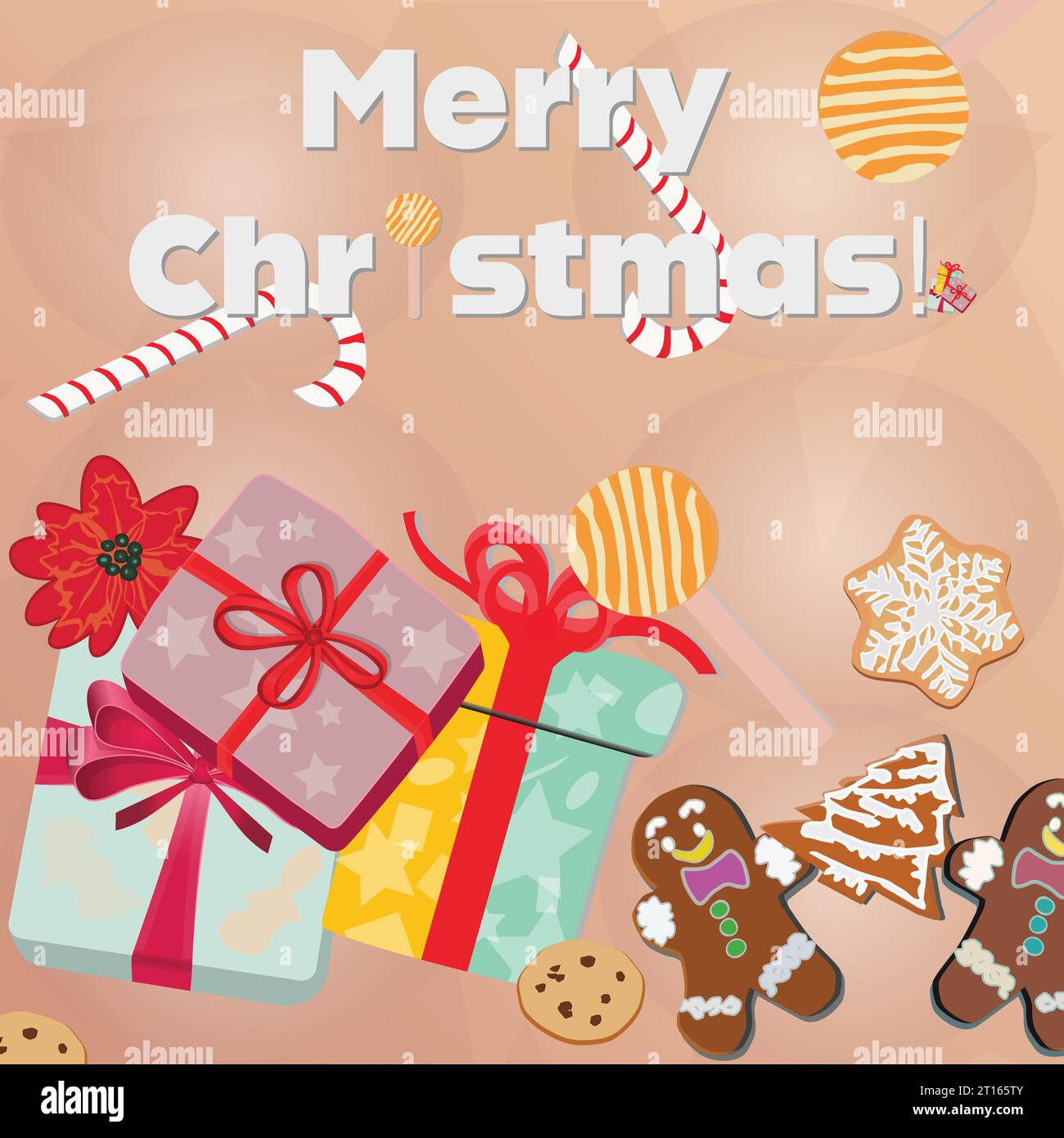 Christmas banner, gifts boxes, ginger bread, lollipop and christmas ...