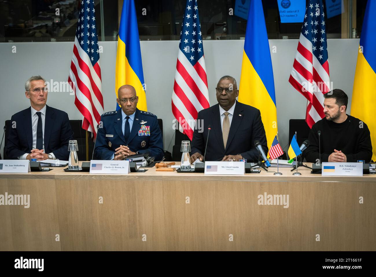 Brussels, Belgium. 11th Oct, 2023. Left to right: NATO Secretary General Jens Stoltenberg, U.S ...