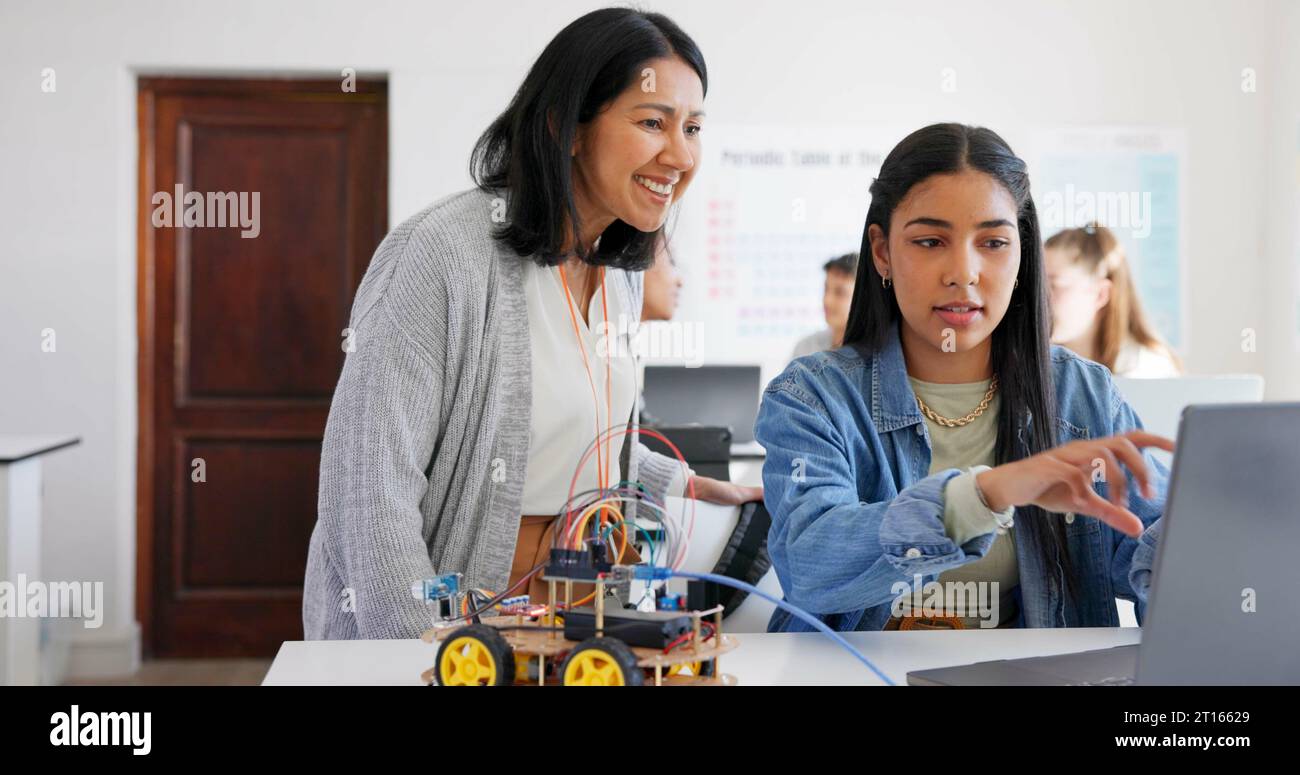 Technology, car robotics and student on laptop, teacher and help with ...