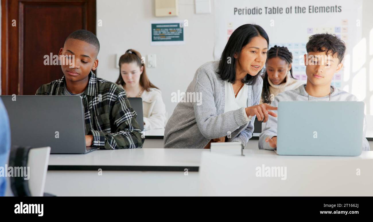 Teacher, students and science, laptop in classroom with learning ...