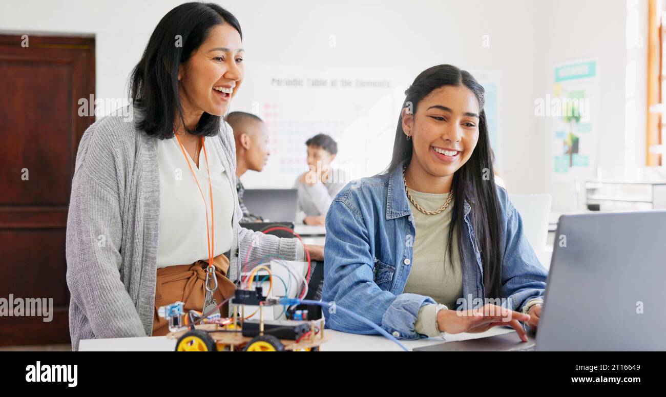 Technology, car robotics and student on laptop, teacher and help with ...