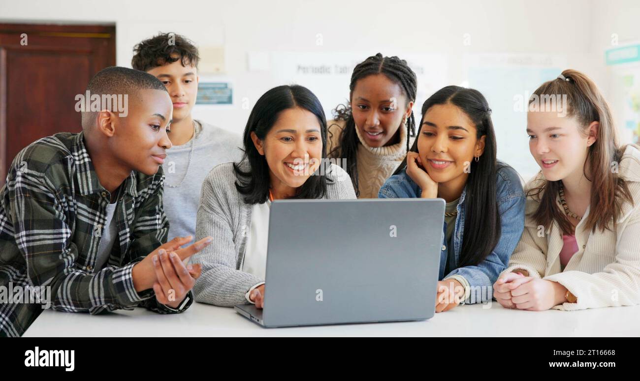 Students, teacher and laptop for group learning, teaching and education ...