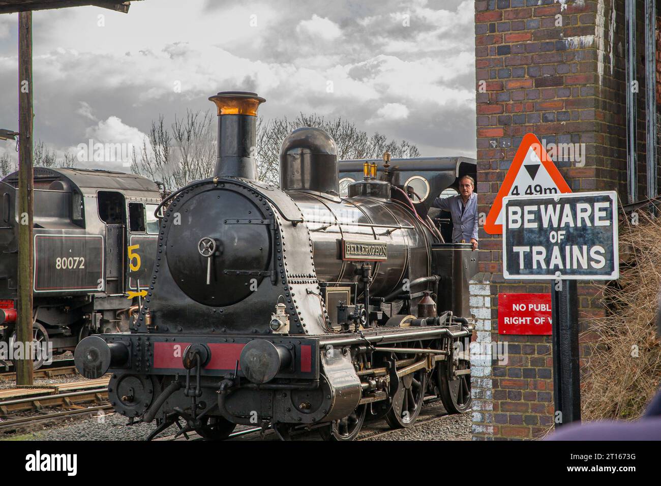 Beware of train sign in front of the steam locomotive, Bellerophon ...