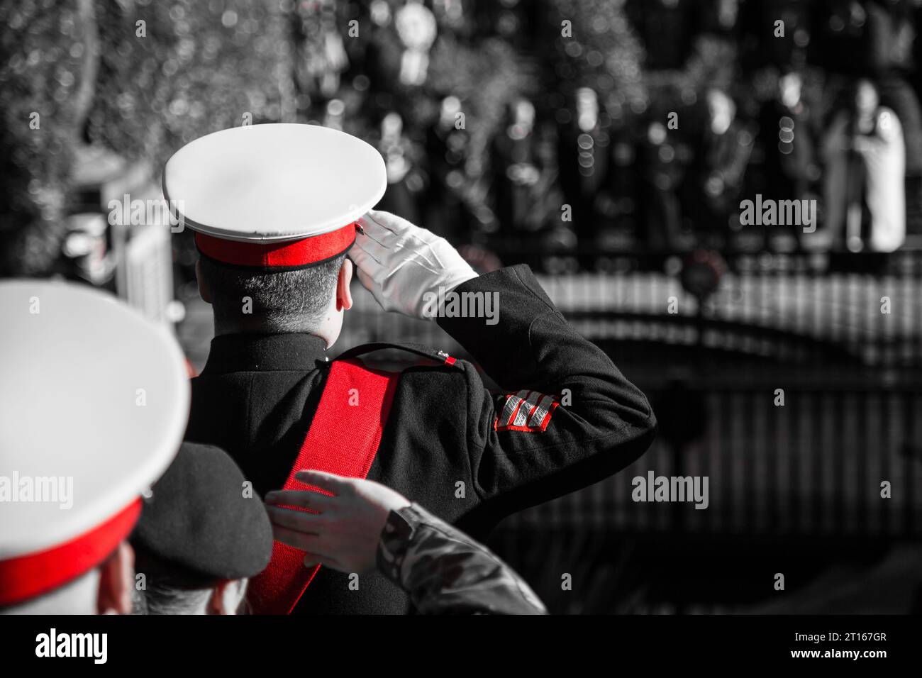 Two military guards standing still with selective color of red Stock ...
