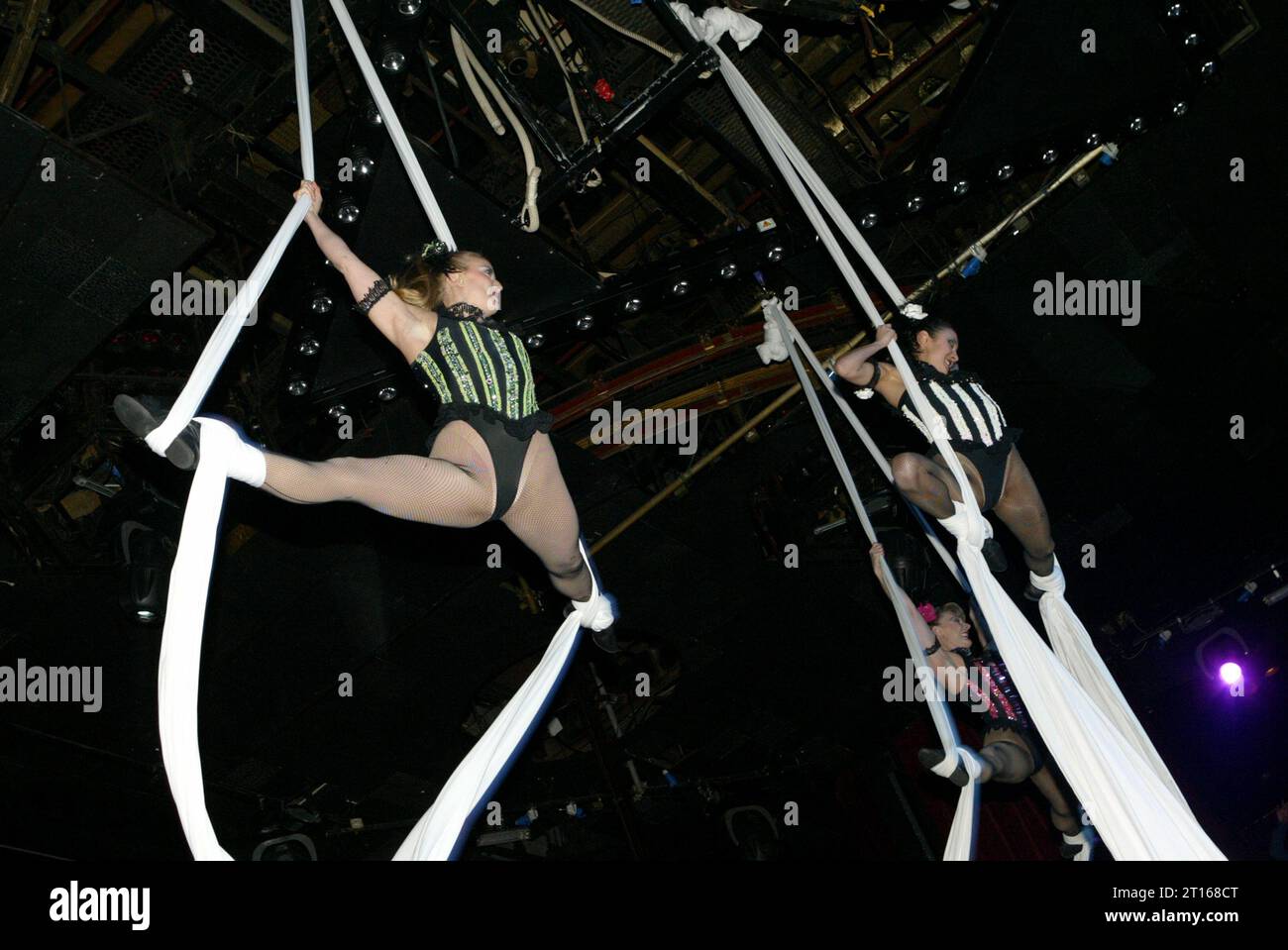 Female aerial acrobats performing suspended stunts at a show in London ...