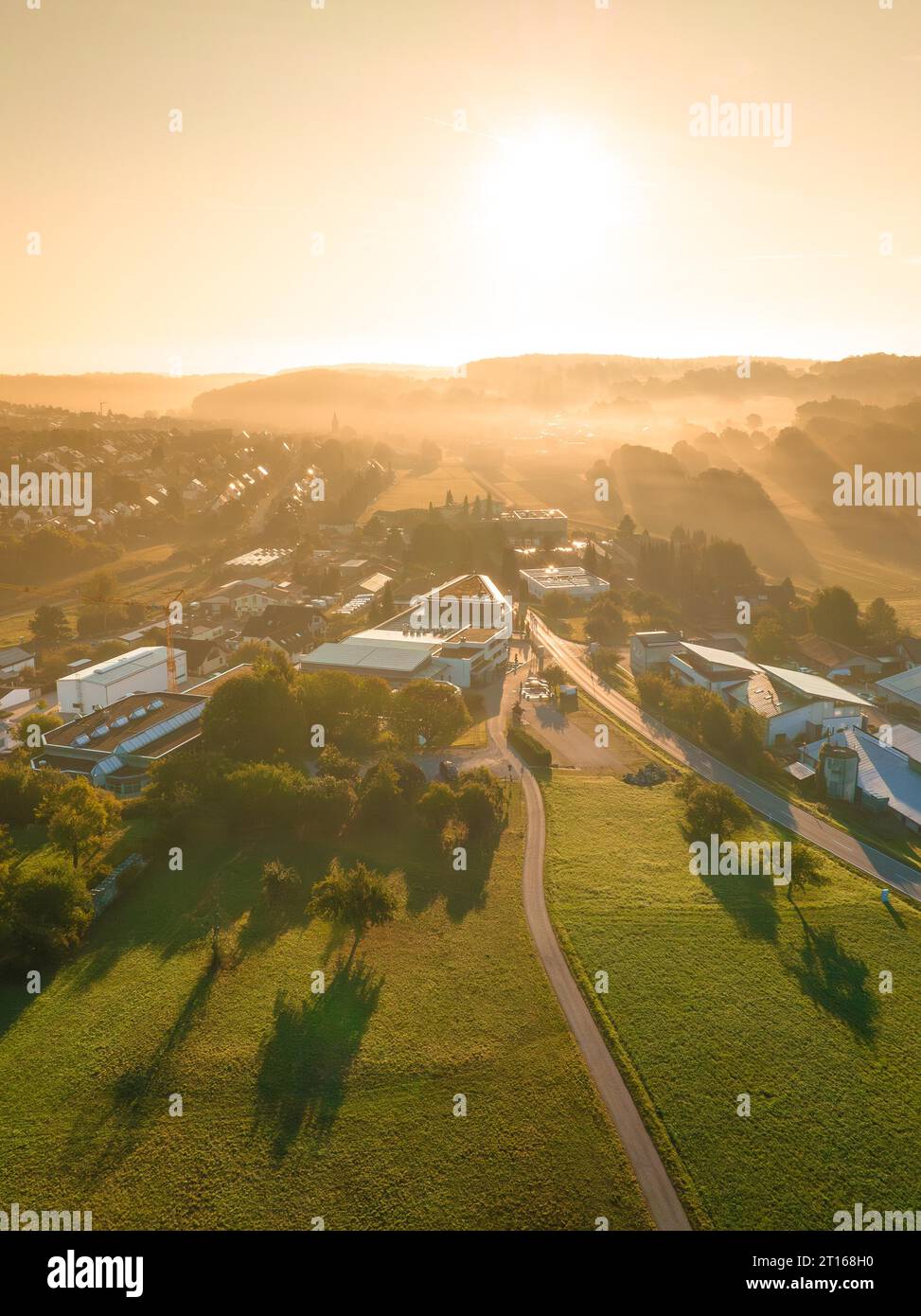 Aerial view small town with fog at sunrise Black Forest, Gechingen ...