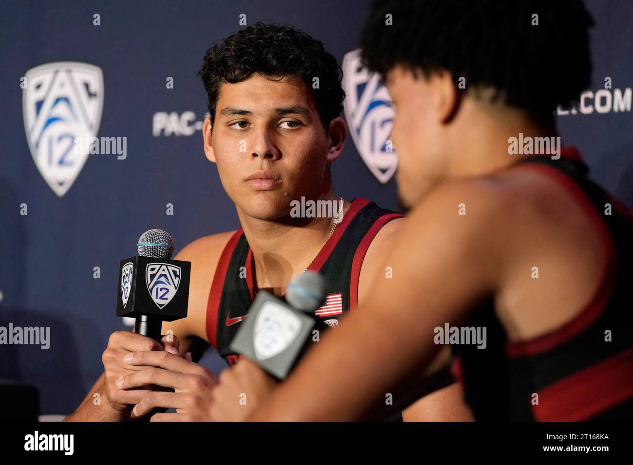 Stanford's Brandon Angel, left, and Spencer Jones attend a news ...