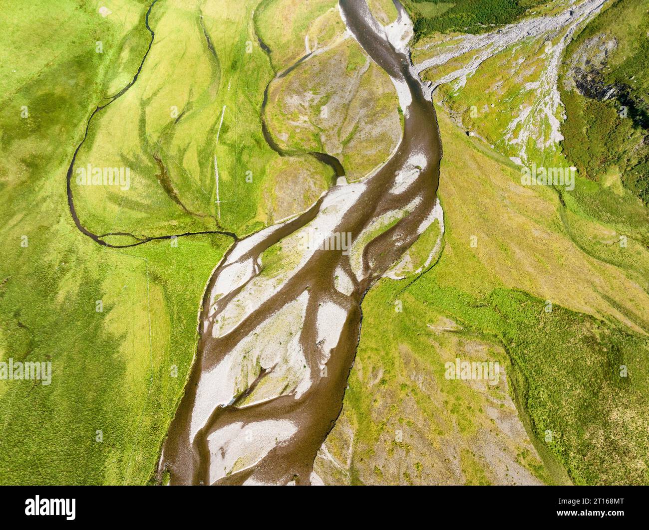 Aerial view, top down view of the River Coe flowing through the Glen ...