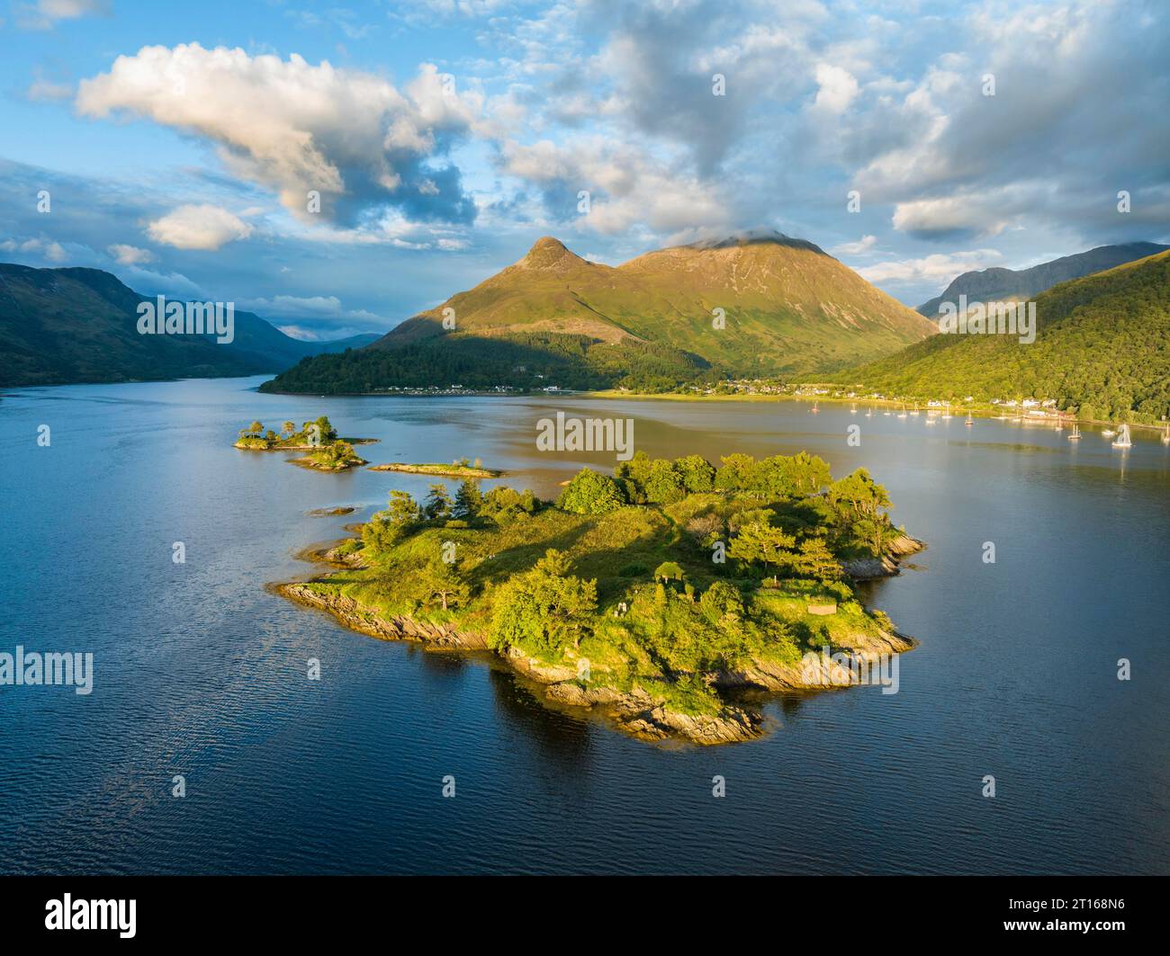 Aerial view of the western part of Loch Leven with the historic island ...