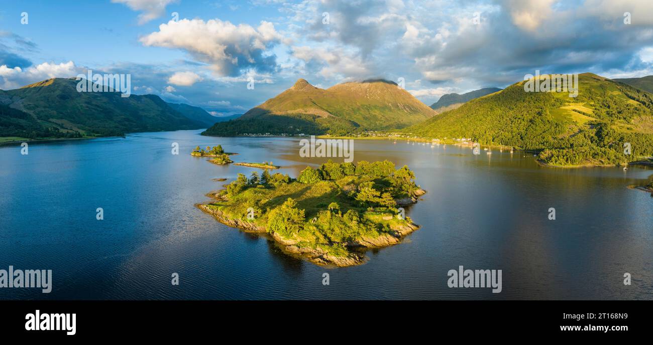 Aerial panorama of the western part of Loch Leven with the historic ...