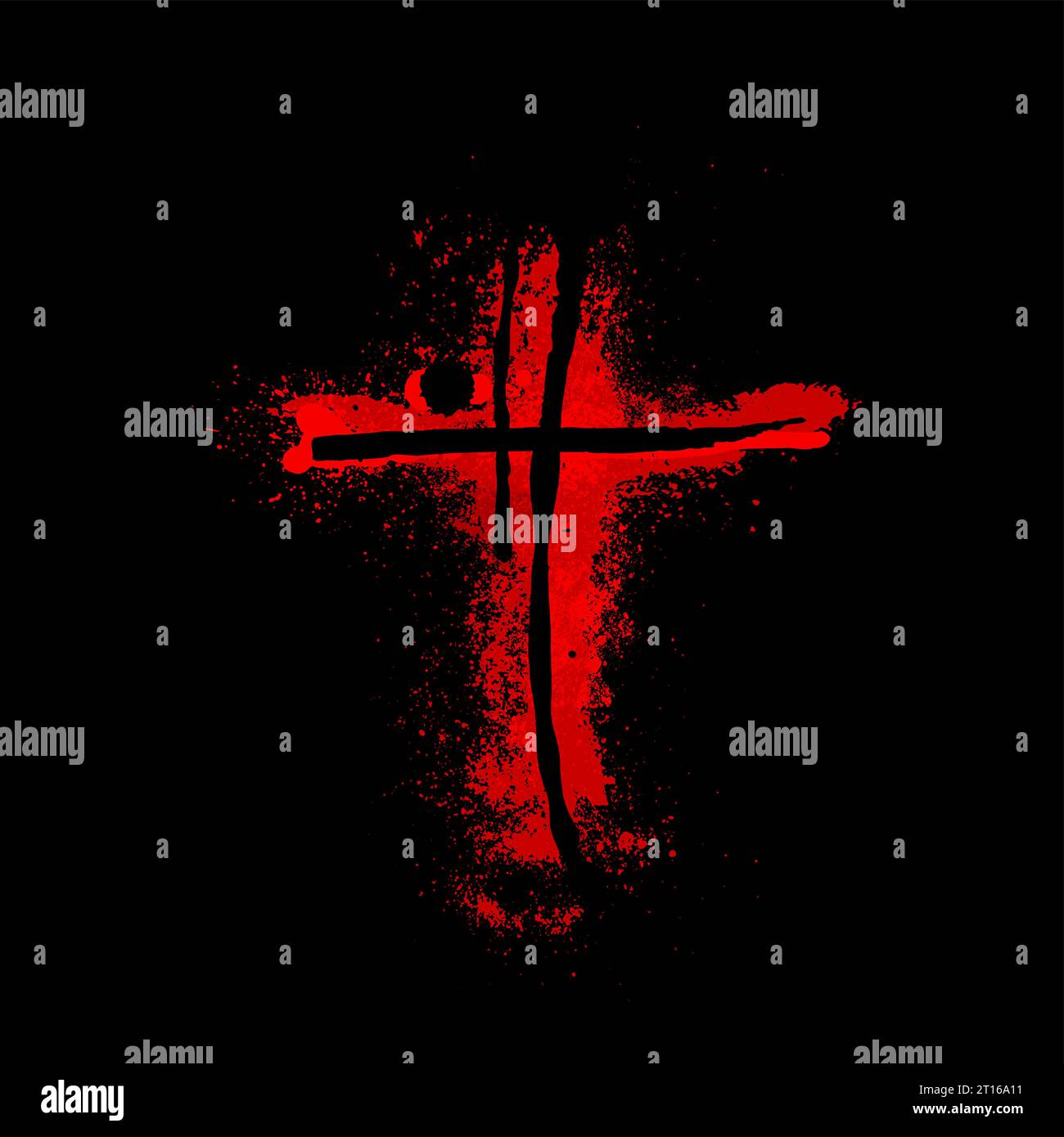 Red religious cross on a black background. bloody cross, hand drawing ...
