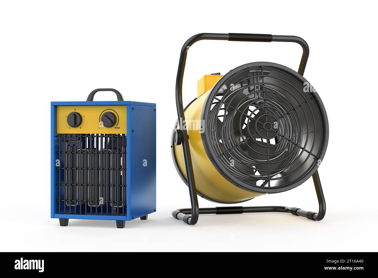 Different industrial electric fan heaters on white background Stock ...