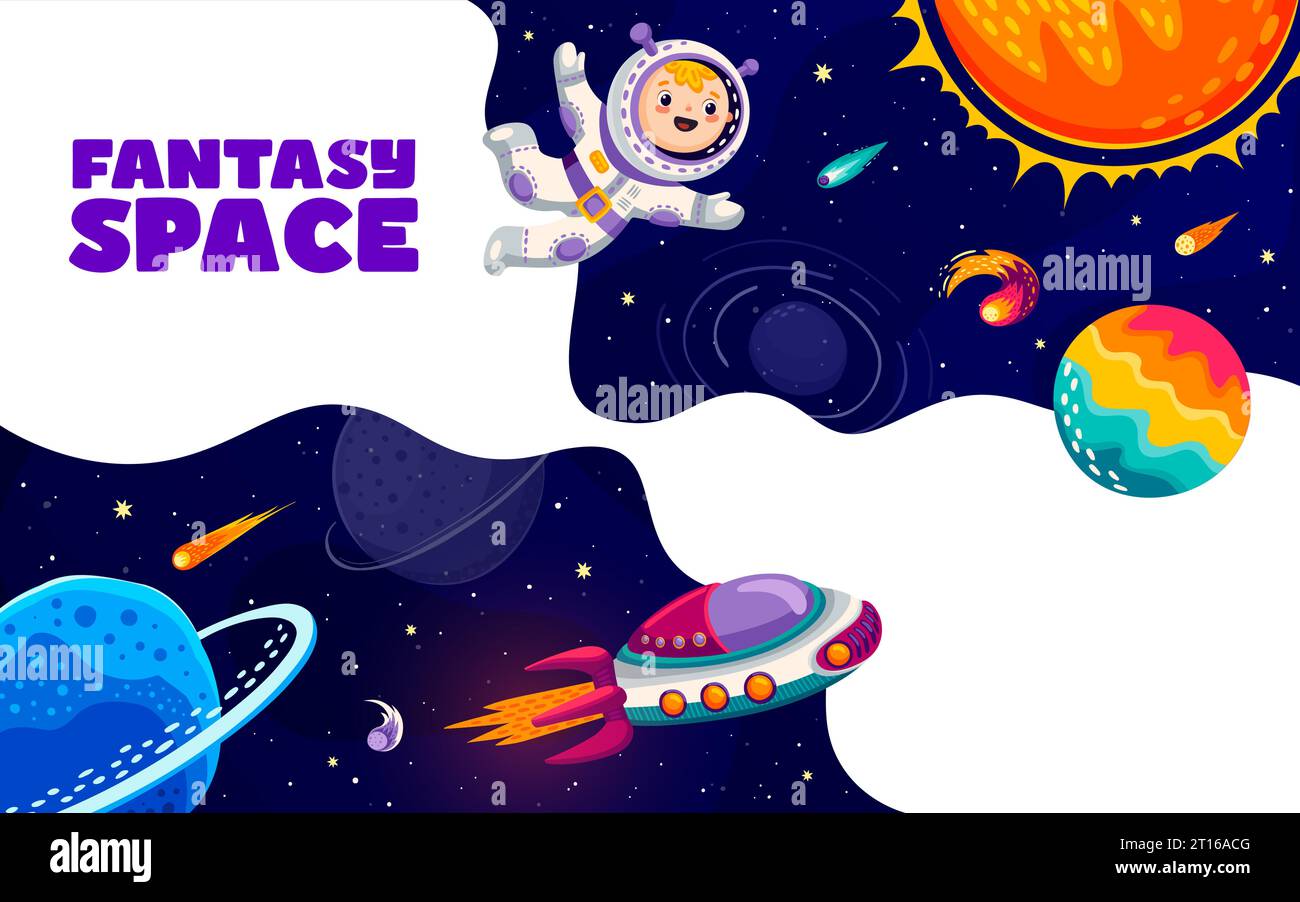 Space landing page, cartoon kid astronaut in spaceship and space ...
