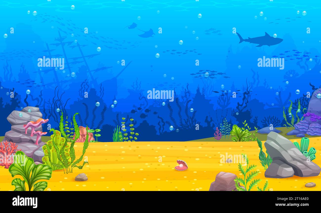 Underwater sea landscape with sunken ship and ocean seaweeds, arcade ...