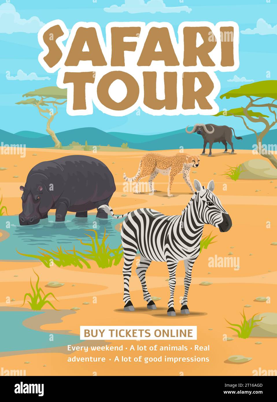 Safari tour flyer. Cartoon african animals. African travel advertising ...